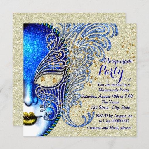 Royal Blue and Gold Masquerade Party Invitation | Zazzle