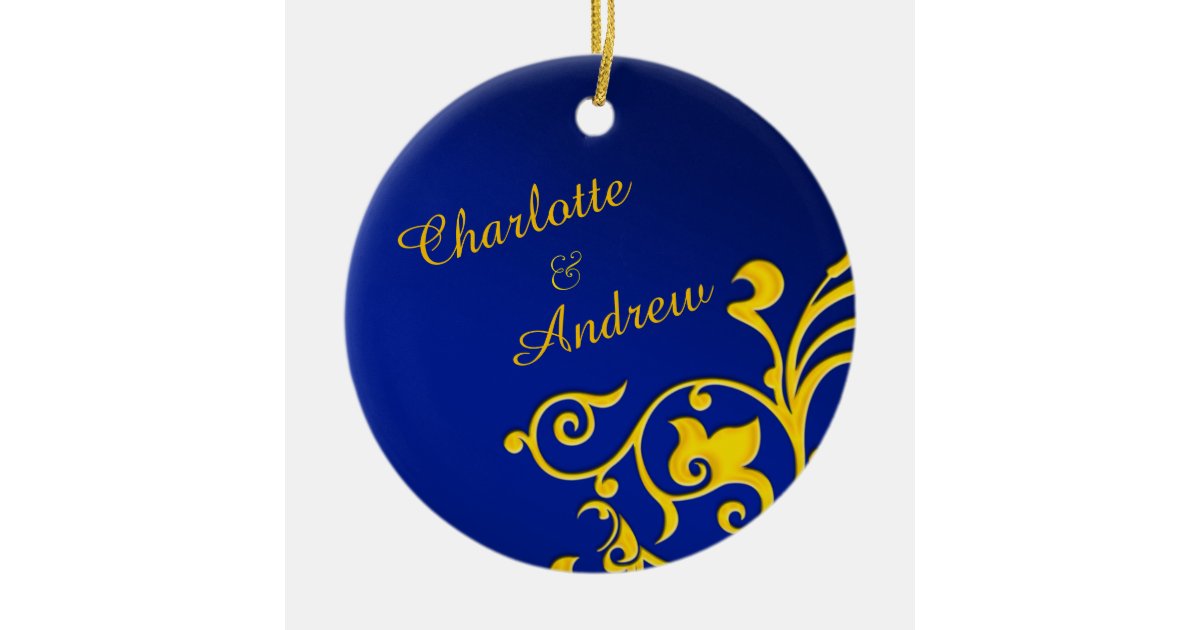 Royal Blue and Gold Personalized Names Ceramic Ornament | Zazzle
