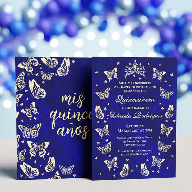 Royal Blue and Gold Quinceañera Tiara Butterfly Invitation | Zazzle