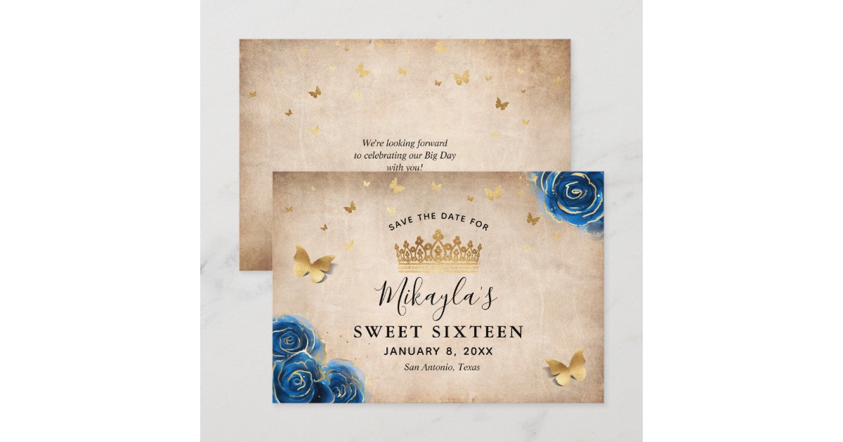 Royal Blue and Gold Rose Parchment Elegant Save The Date | Zazzle