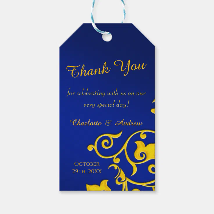 Royal Blue and Gold Thank You Gift Tags | Zazzle