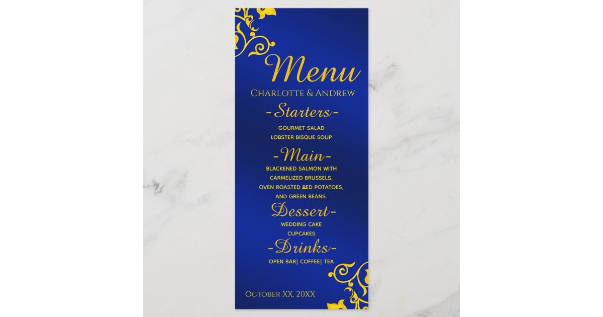 Royal Blue and Gold Wedding Menu | Zazzle