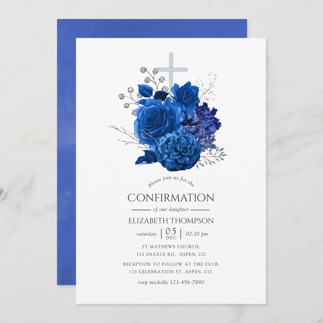 Royal Blue and Silver Floral Confirmation Invitation | Zazzle