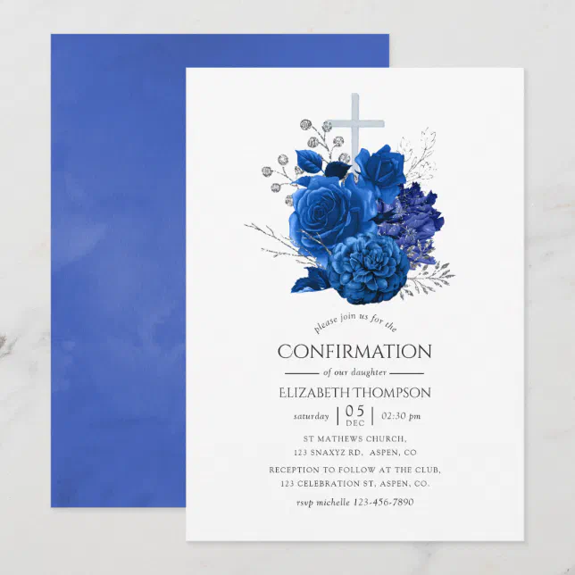 Royal Blue and Silver Floral Confirmation Invitation | Zazzle