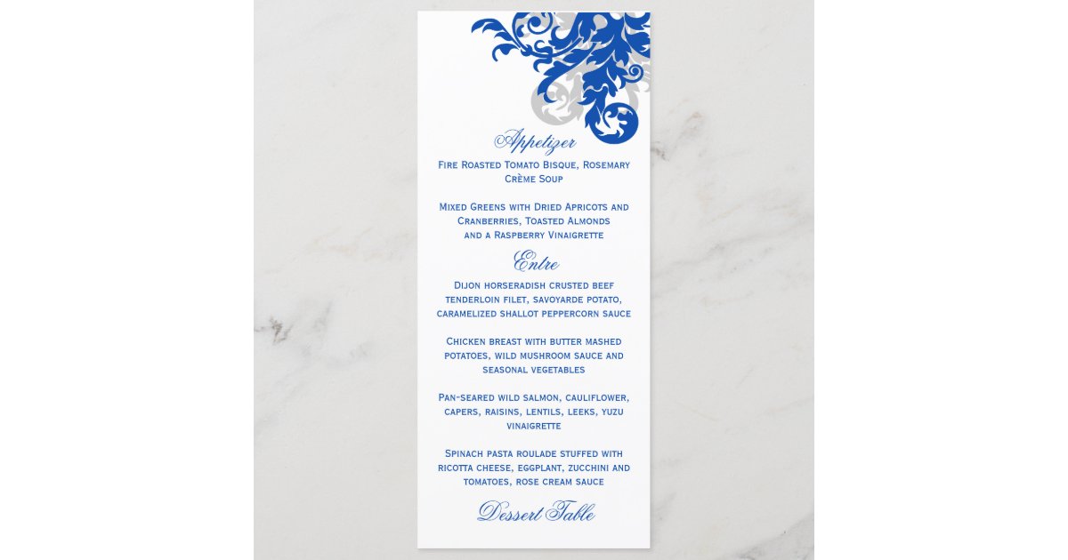 Royal Blue and Silver Flourish Menu | Zazzle