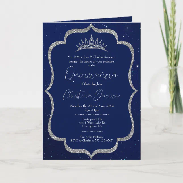 Royal Blue and Silver Starry Night Quinceanera Invitation | Zazzle