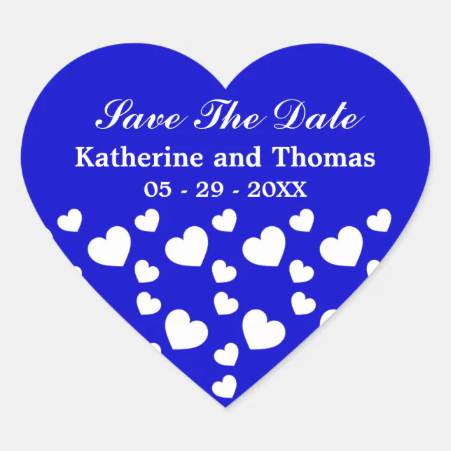 Royal Blue and White Hearts Save The Date Stickers | Zazzle