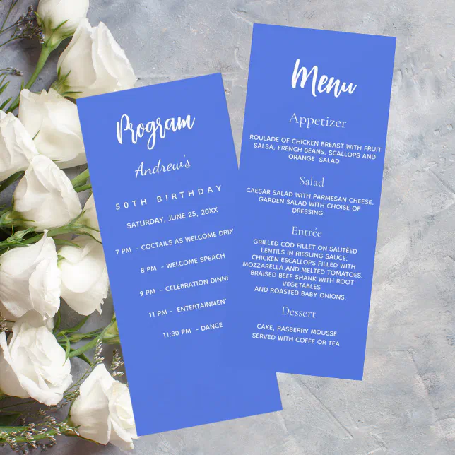 Royal blue birthday program dinner menu card | Zazzle