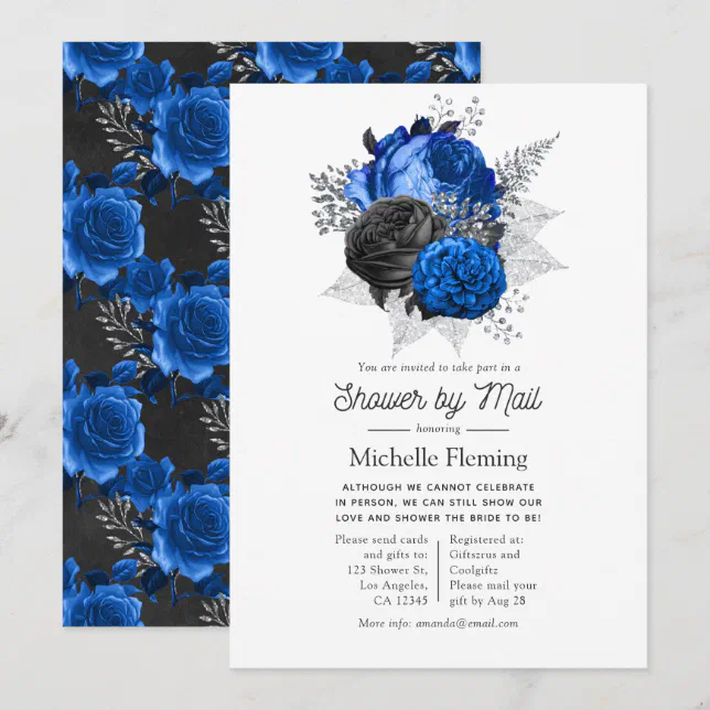 Royal Blue, Black and Silver Floral Shower by Mail Invitation | Zazzle