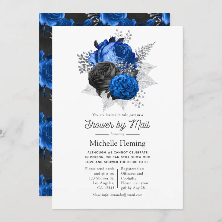Royal Blue, Black and Silver Floral Shower by Mail Invitation | Zazzle