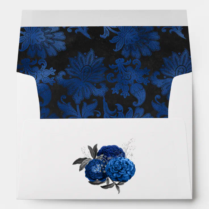 Royal Blue, Black and Silver Floral Wedding Envelope | Zazzle