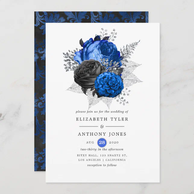 Royal Blue, Black and Silver Floral Wedding Invitation | Zazzle