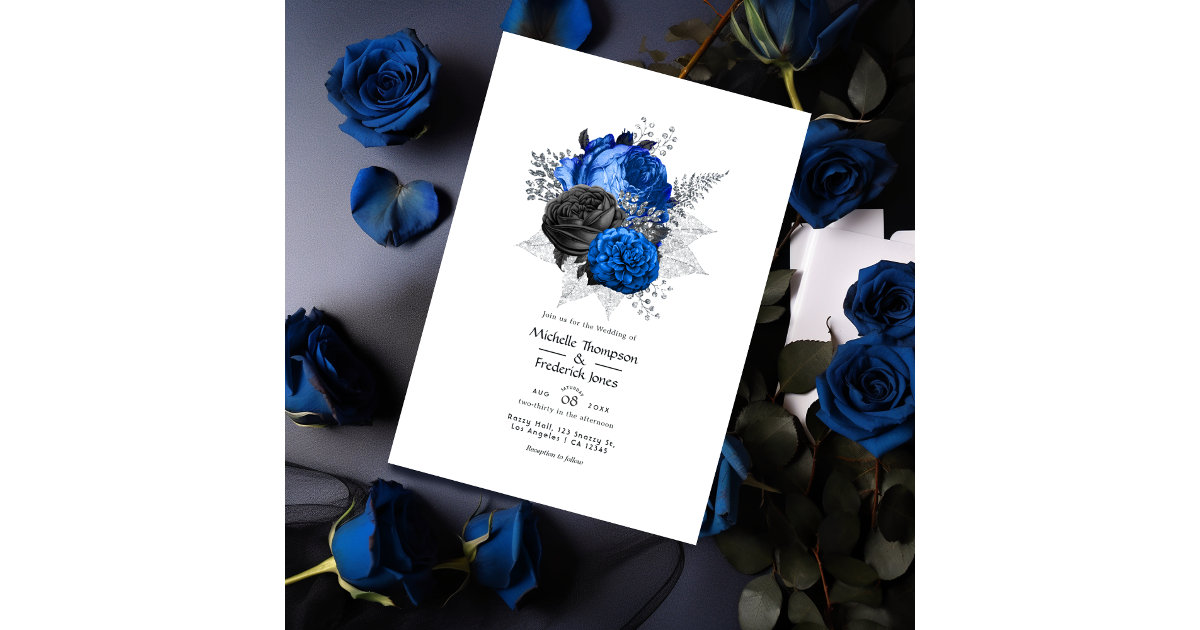 Royal Blue, Black and Silver Floral Wedding Invitation | Zazzle
