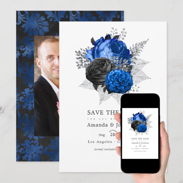 Royal Blue, Black and Silver Floral Wedding Photo Save The Date | Zazzle