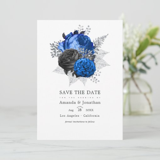 Royal Blue, Black and Silver Floral Wedding Photo Save The Date | Zazzle