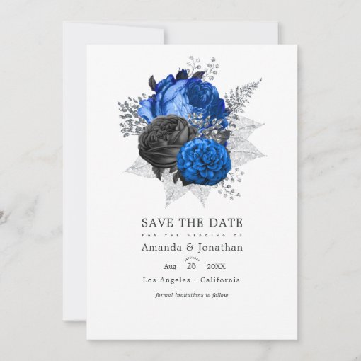 Royal Blue, Black and Silver Floral Wedding Photo Save The Date | Zazzle