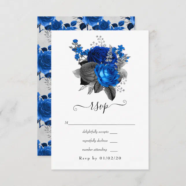Royal Blue, Black and Silver Floral Wedding RSVP Card | Zazzle
