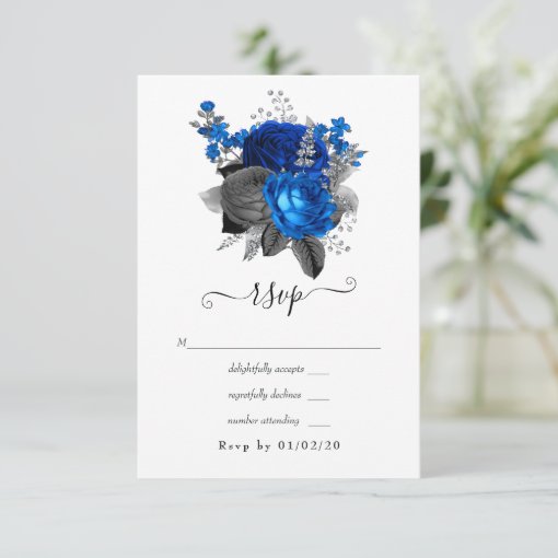 Royal Blue, Black and Silver Floral Wedding RSVP Card | Zazzle