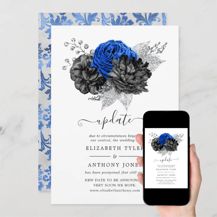 Royal Blue, Black and Silver Floral Wedding Update Invitation | Zazzle