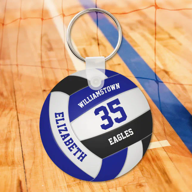 Royal blue black personalized team name volleyball keychain | Zazzle