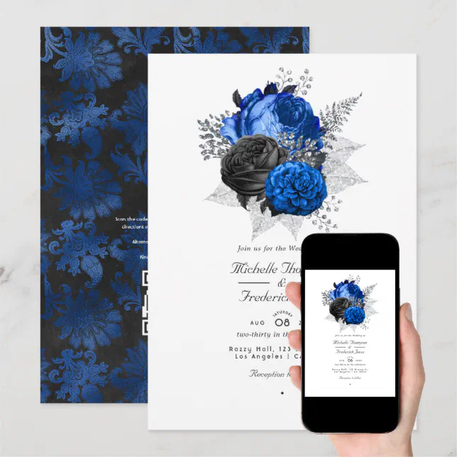 Royal Blue, Black & Silver Floral QR Code Wedding Invitation | Zazzle