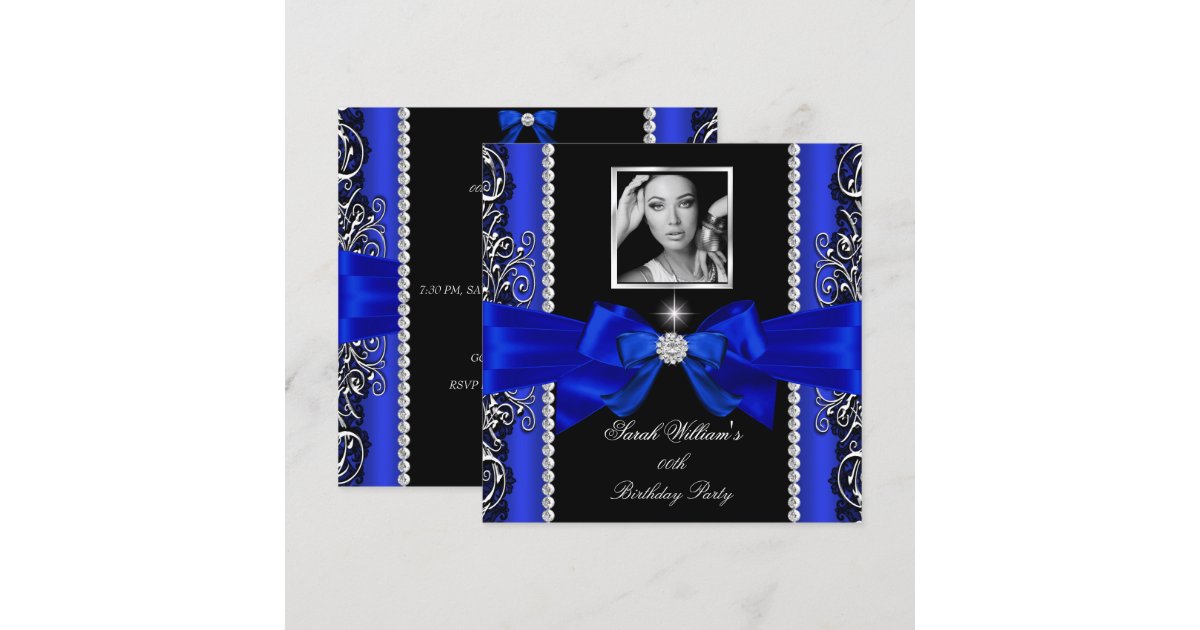 Royal Blue Bow Birthday Party Black Silver Photo 2 Invitation | Zazzle