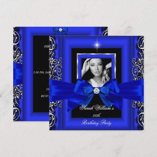 Royal Blue Bow Birthday Party Silver Photo Invitation | Zazzle