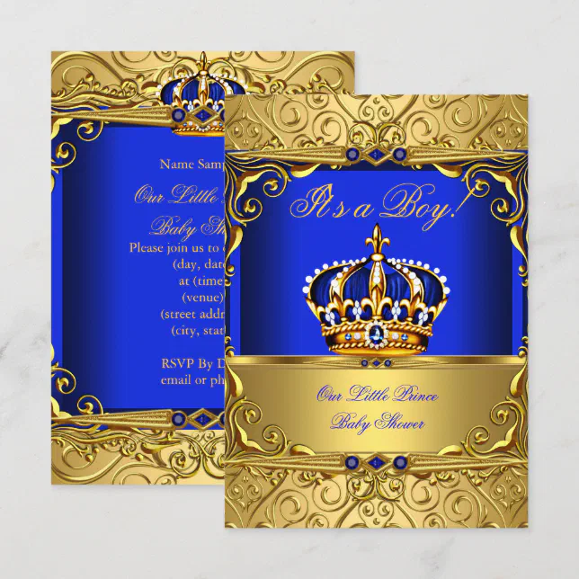 Royal Blue Damask Gold Crown Baby Shower Boy SMALL Invitation | Zazzle