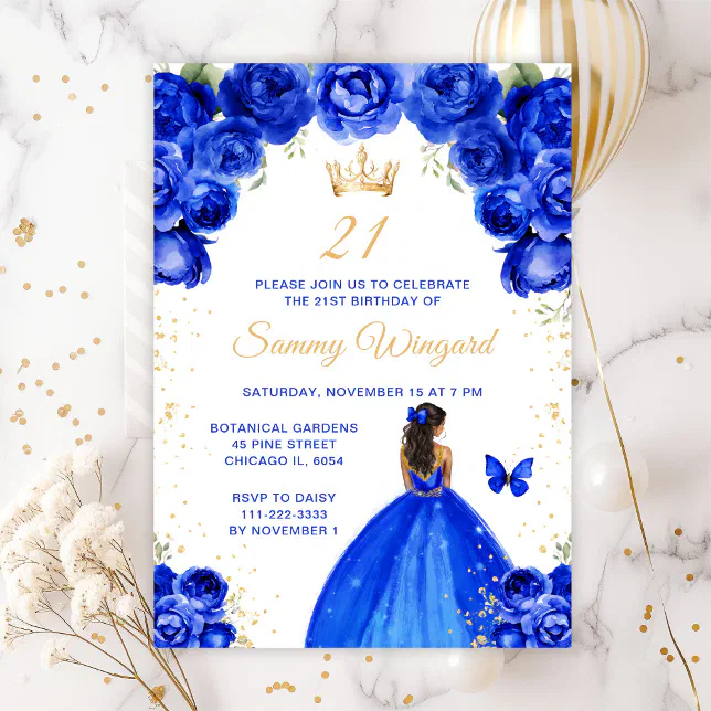 Royal Blue Dark Skin Princess Birthday Party Invitation | Zazzle