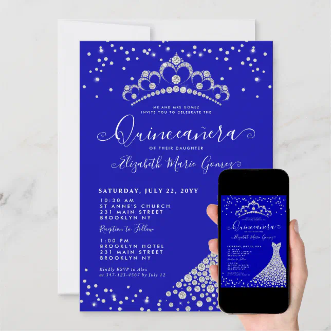 Royal Blue Diamond Sparkle Tiara Gown Quinceanera Invitation | Zazzle