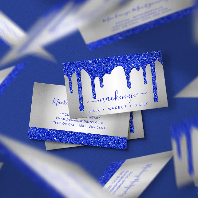 Royal Blue Dripping Glitter Silver Metallic Business Card | Zazzle