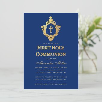 Royal Blue First Communion Faux Gold Cross Crest Invitation | Zazzle