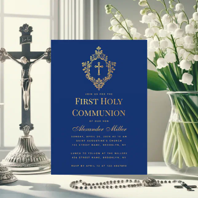 Royal Blue First Communion Faux Gold Cross Crest Invitation | Zazzle