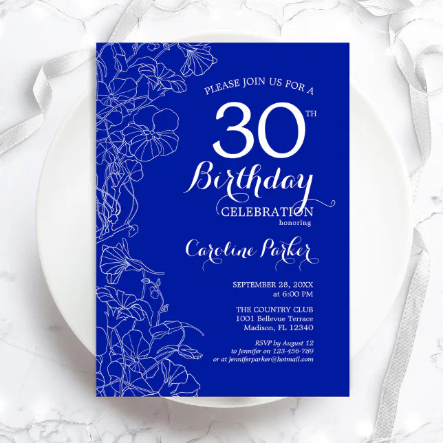 Royal Blue Floral 30th Birthday Party Invitation | Zazzle