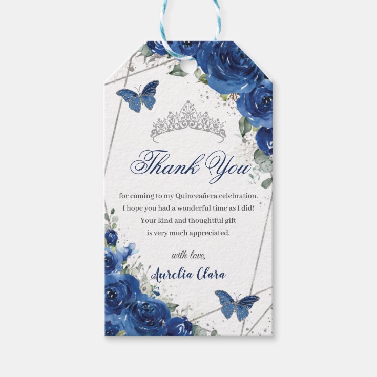 Royal Blue Floral Butterflies Quinceañera Birthday Gift Tags | Zazzle