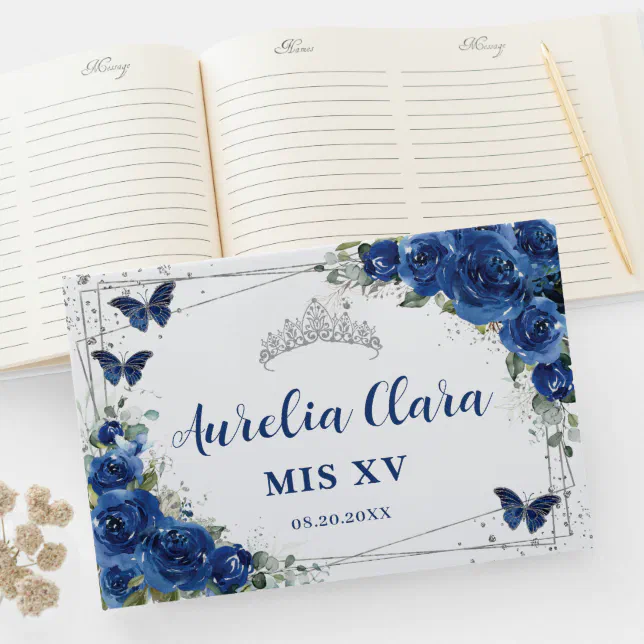 Royal Blue Floral Butterflies QUINCEAÑERA Mis XV Guest Book | Zazzle