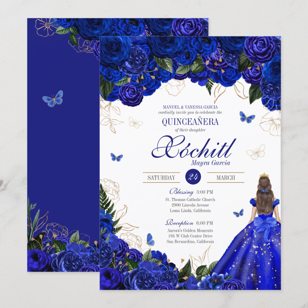 Royal Blue Floral Butterfly Elegant Quinceañera Invitation | Zazzle