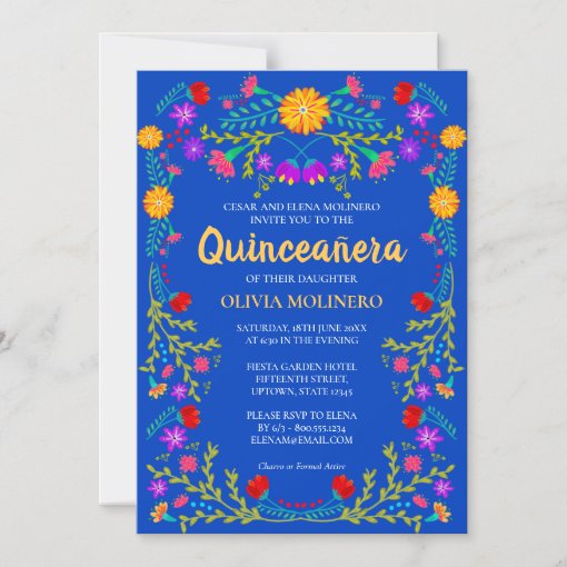 Royal Blue Floral Folk Art Mexican Quinceanera Magnetic Invitation | Zazzle