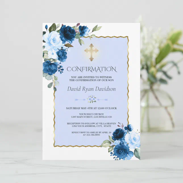 Royal Blue Floral Gold Cross Boy Confirmation Invitation | Zazzle