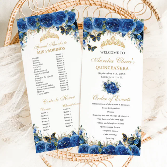 Royal Blue Floral Gold Quinceañera Order of Events Program | Zazzle