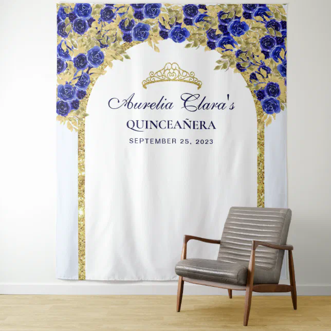 Royal Blue Floral Princess Gold Arch Quinceanera Tapestry | Zazzle