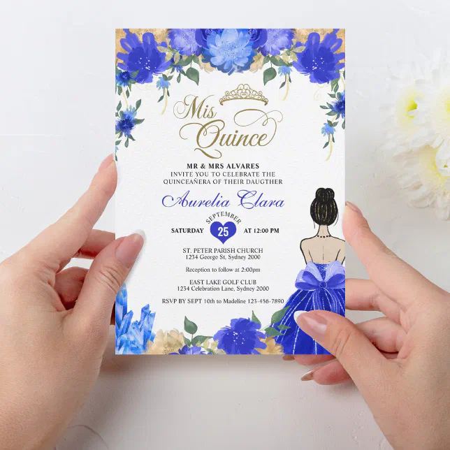 Royal Blue Floral Princess Mis Quince Quinceañera Invitation | Zazzle