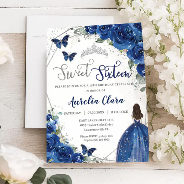 Royal Blue Floral Princess Sweet 16 Birthday Invitation | Zazzle