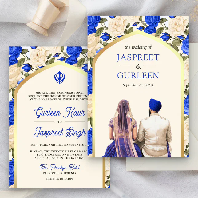 Royal Blue Floral Punjabi Anand Karaj Sikh Wedding Invitation | Zazzle