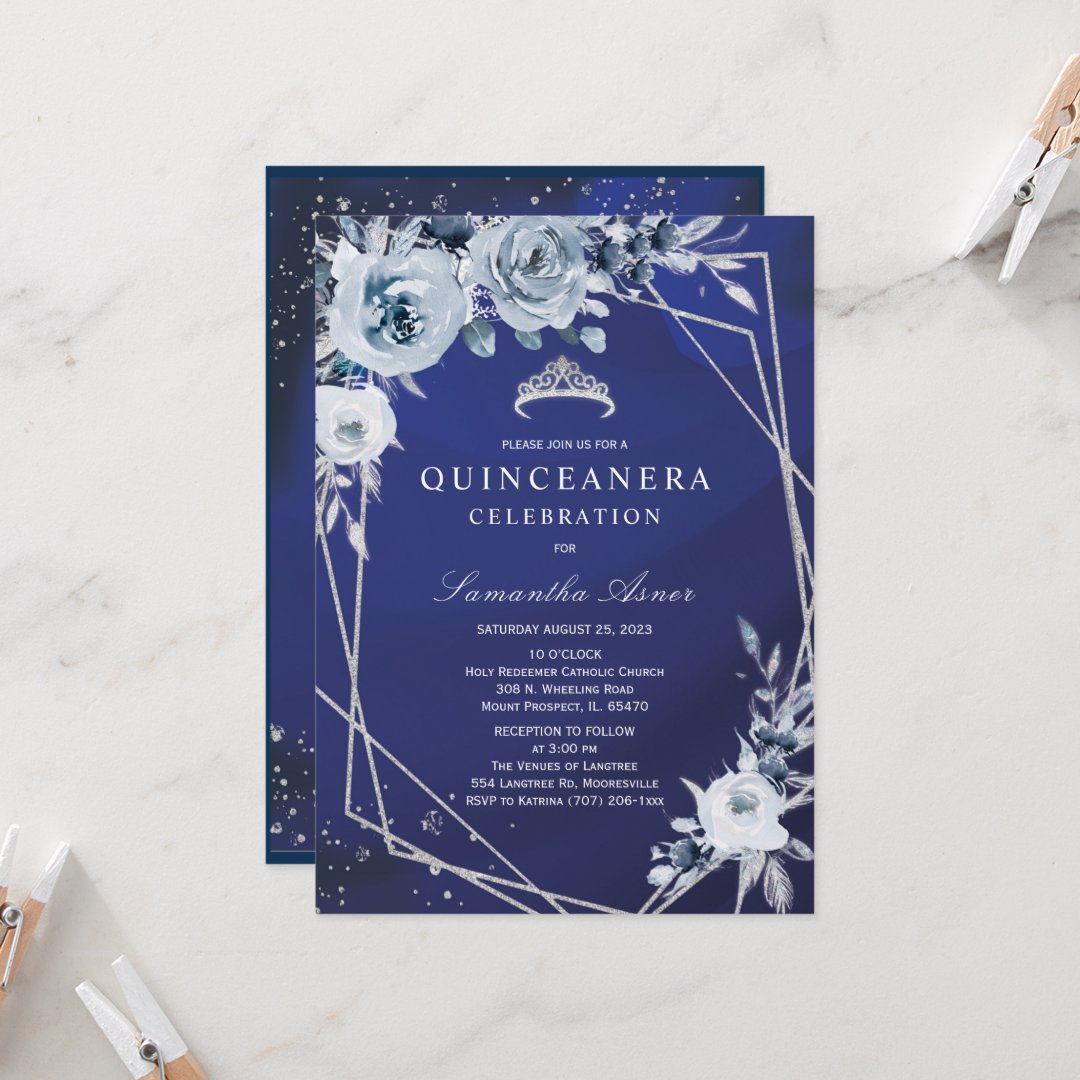 Royal Blue Floral Quinceañera Invitation | Zazzle