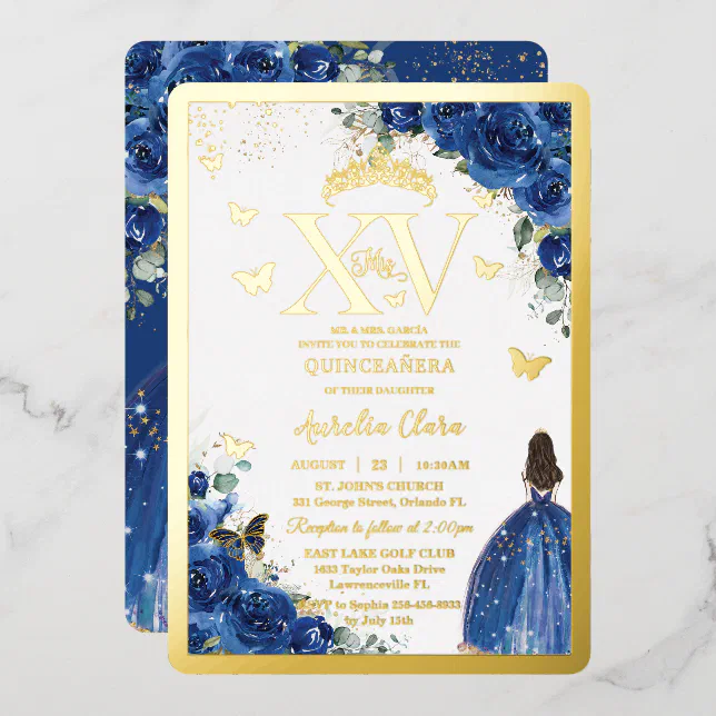 Royal Blue Floral Quinceañera Quince 15 XV Gold Foil Invitation | Zazzle