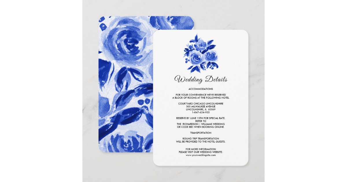 Royal Blue Floral Watercolor Wedding Details Cards | Zazzle