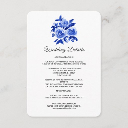 Royal Blue Floral Watercolor Wedding Details Cards | Zazzle