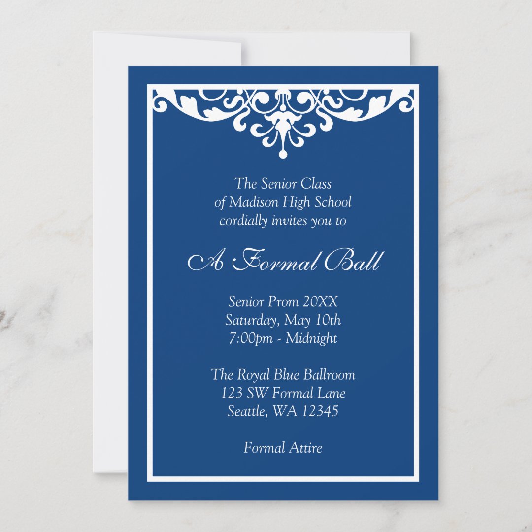 Royal Blue Flourish Formal Prom Dance Ball Invitation | Zazzle