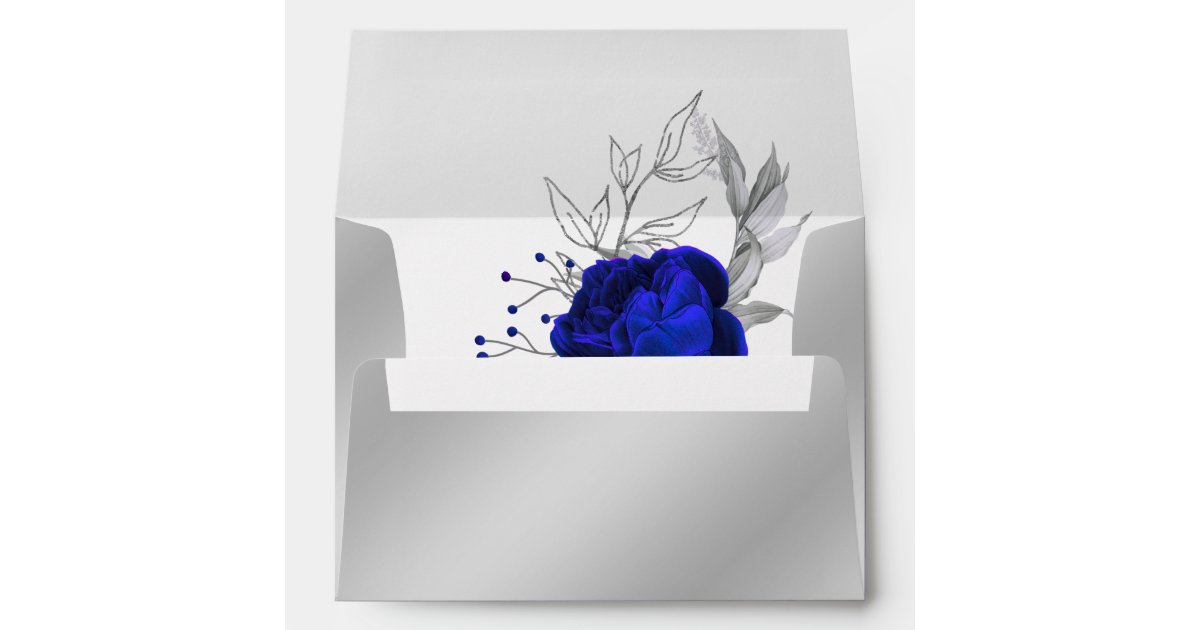 royal blue flower silver leaves wedding envelope | Zazzle
